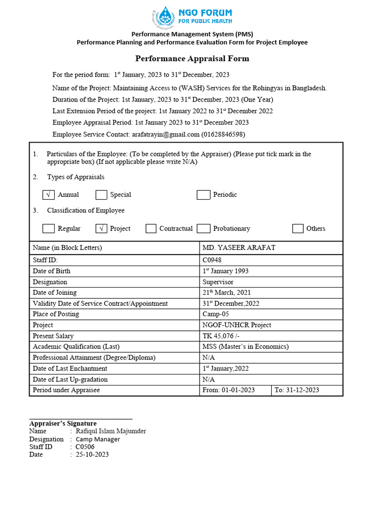 Arafat Vai - Performance Appraisal Form.16.9.2023 | PDF | Performance Appraisal | Wash