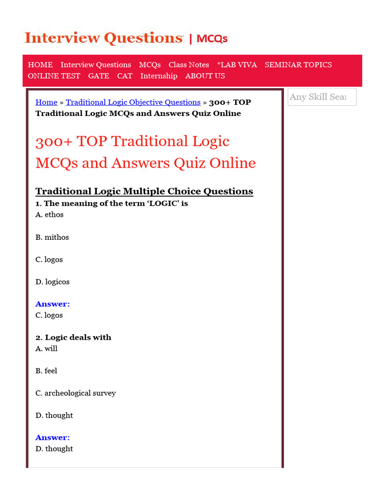 Traditional Logic Mcqs and Answers Quiz PDF | PDF | Argument | Logic