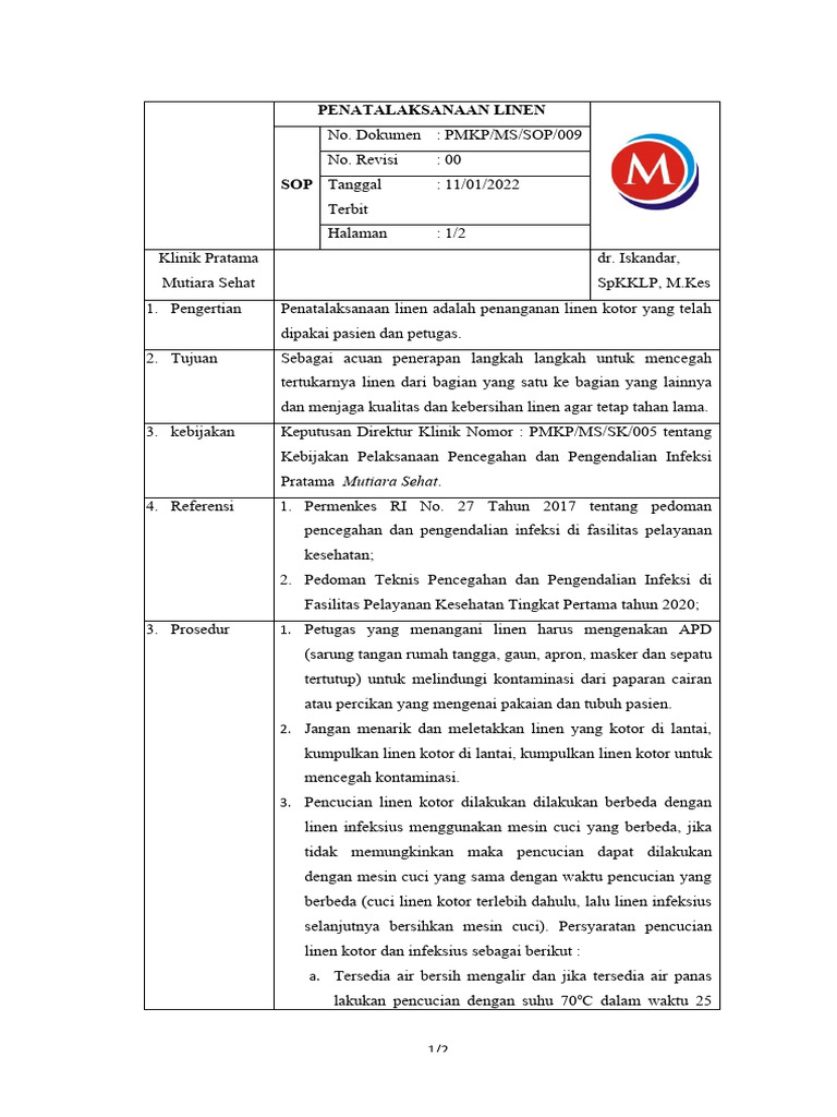 Sop Penatalaksanaan Linen Mutseh | PDF