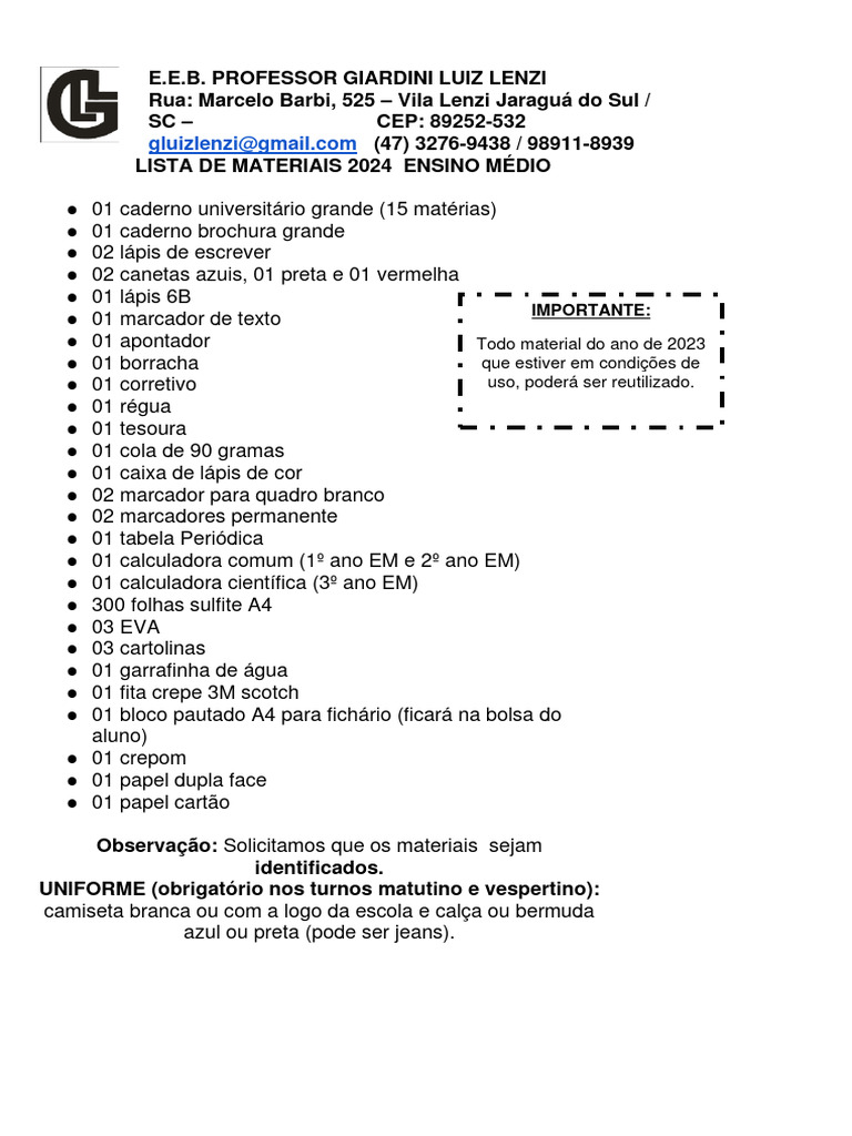 Lista de materiais 2024 - Ensino Médio | PDF