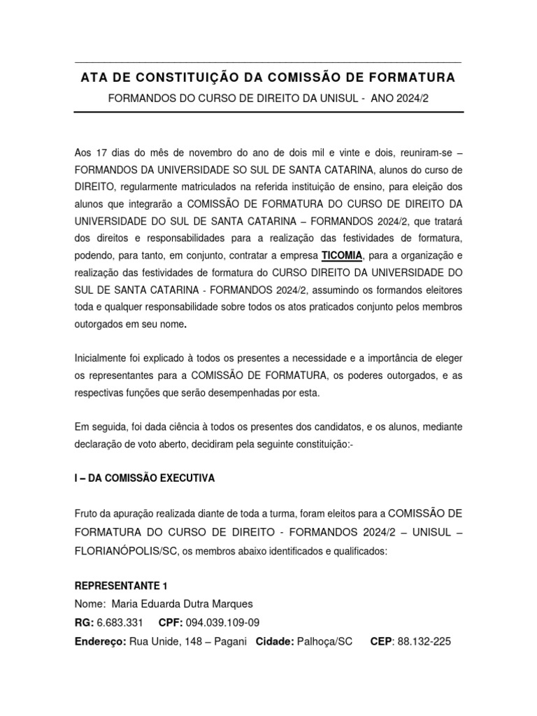 Comissão de Formatura Direito UNISUL 2024/2 | PDF | Governo