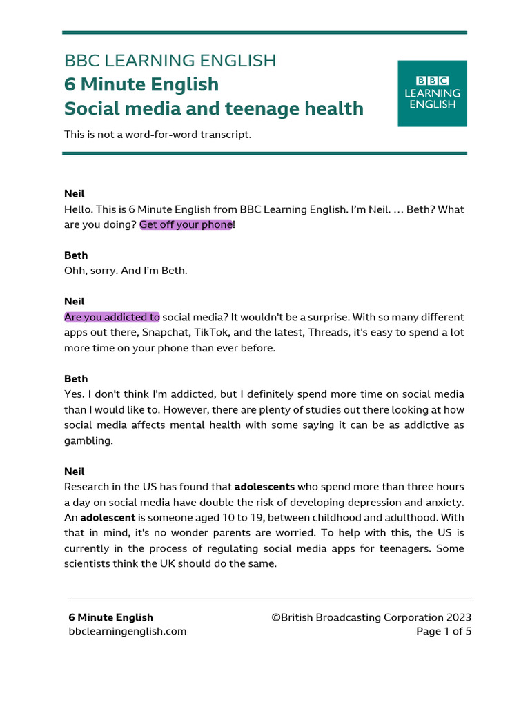 BBC6 Minute English Social Media and Teenage Health | PDF | Social ...