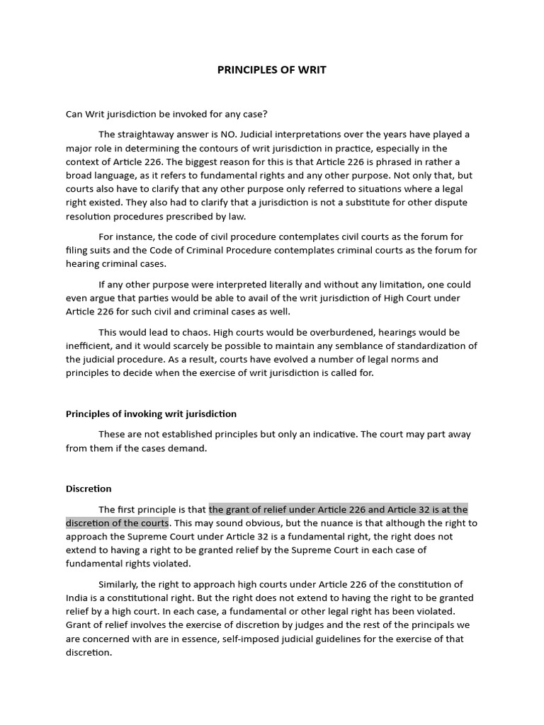 Principles of Writ | PDF | Jurisdiction | Writ
