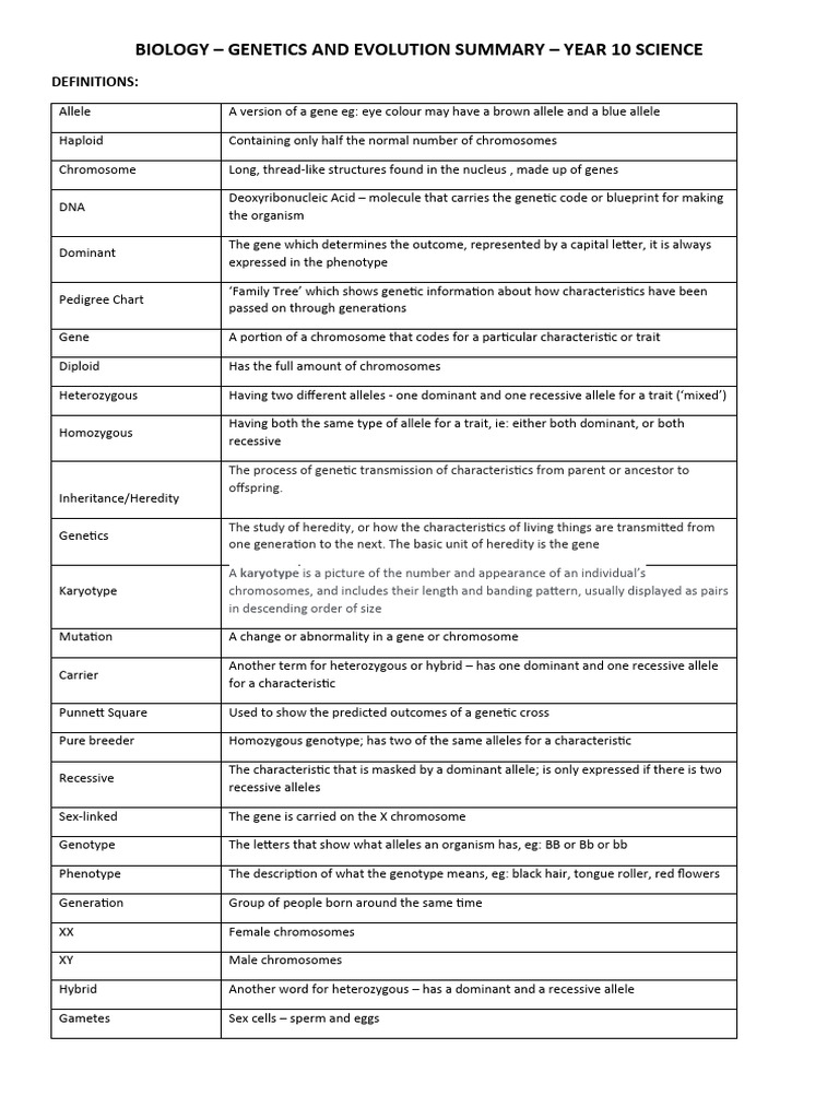 Genetics and Evolution Summary for Year 10 | PDF | Dominance (Genetics ...