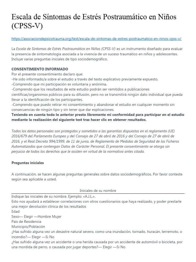 CPSS-V - Escala de Síntomas de Estrés Postraumático en Niños | PDF | Culpa (emoción) | Estrés ...