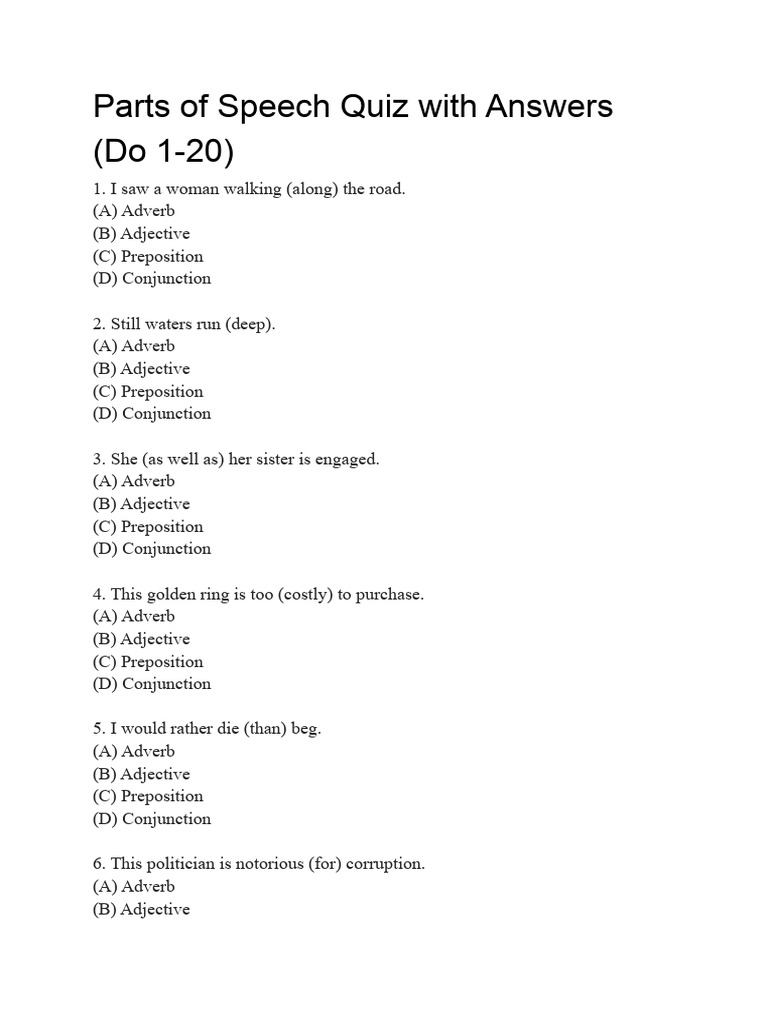 Parts of Speech Quiz With Answers | PDF | Verb | Adverb