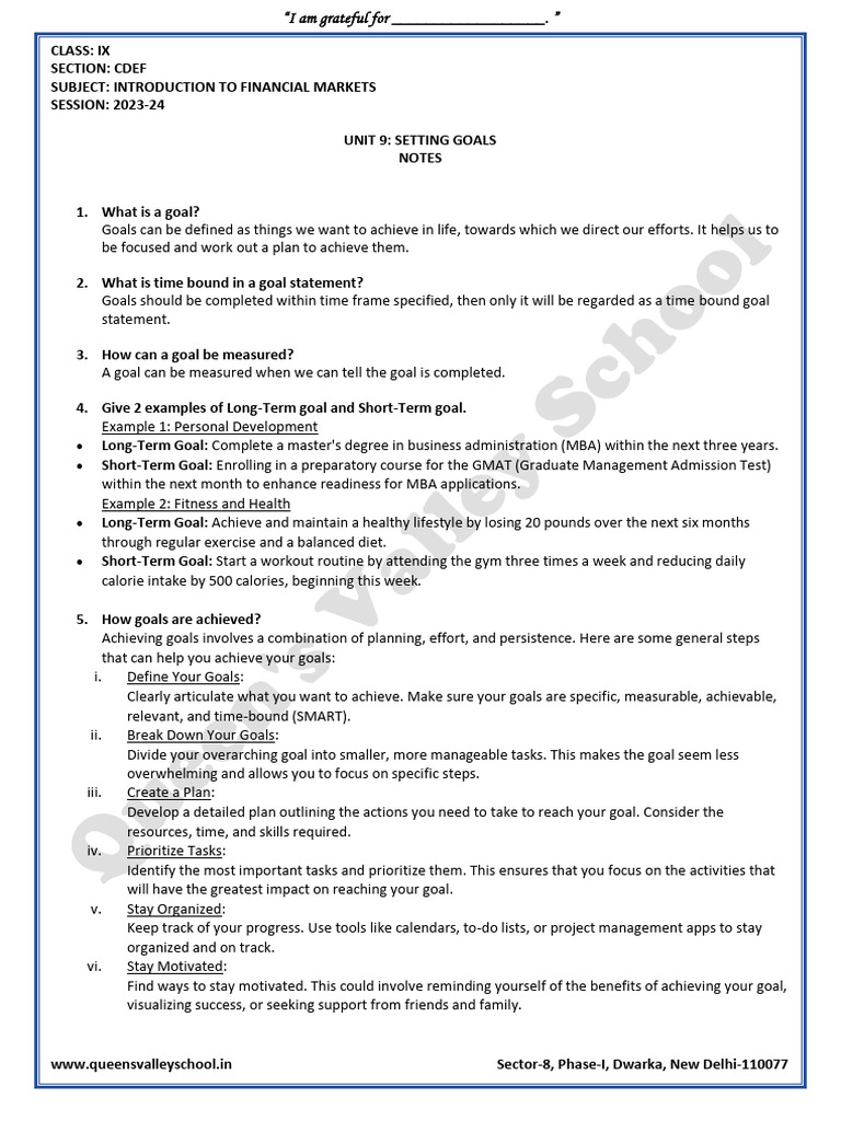 Ix Financial Markets Unit-9 Setting Goals Notes | PDF | Goal | Goal Setting