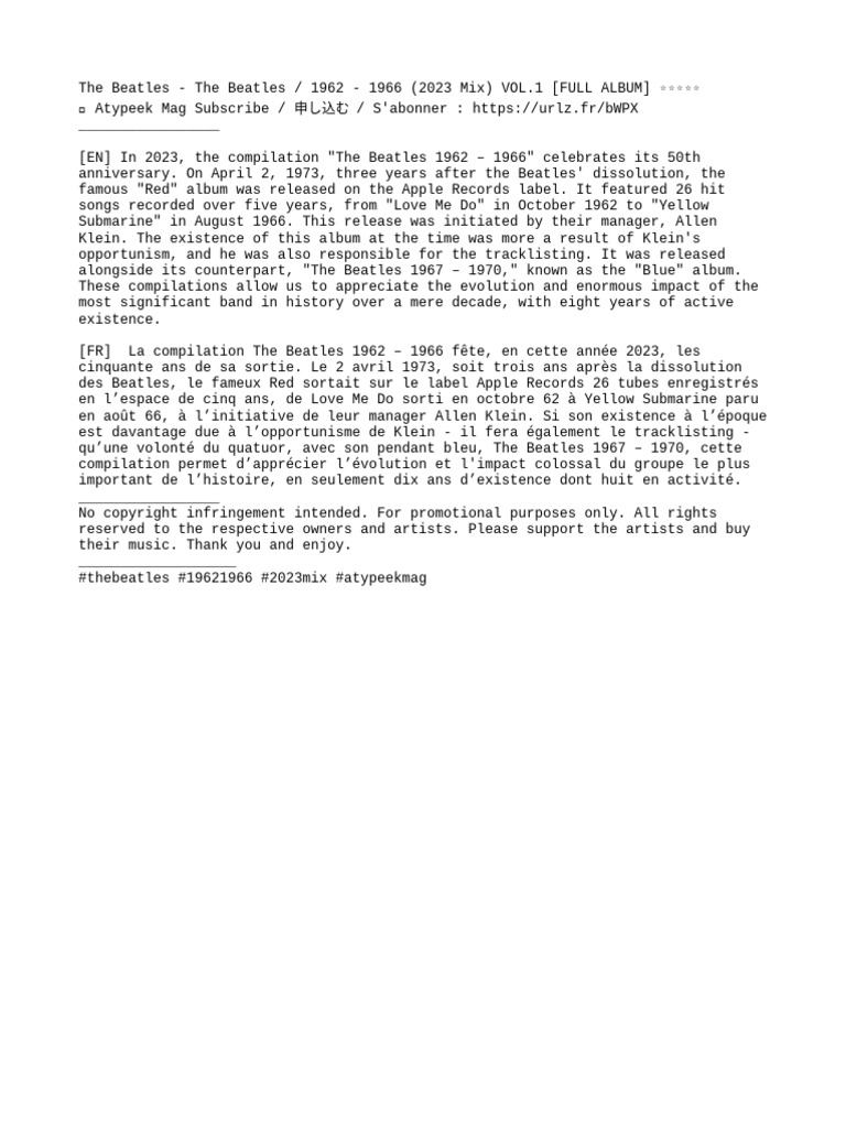 The Beatles - The Beatles - 1962 - 1966 (2023 Mix) VOL.1 (FULL ALBUM) (Descripción) | PDF ...