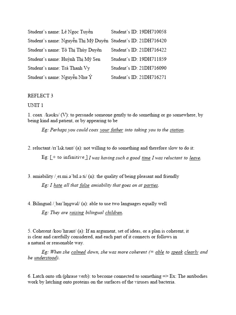 Vocabulary List and Definitions | PDF