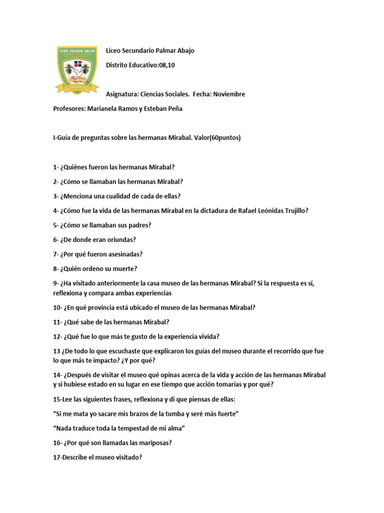Guia de Preguntas Hermanas Mirabal | PDF