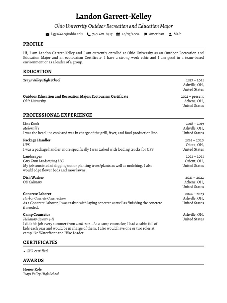 Landon Garrett-Kelley Resume 28-09-2023-17-54-30 1 | PDF | Hobbies | Recreation