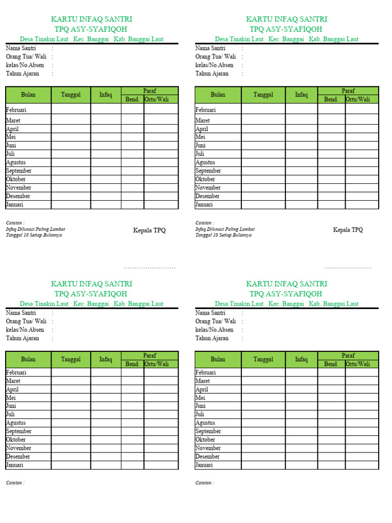 Kartu Infaq Santri TPQ Asy-Syafiqoh | PDF