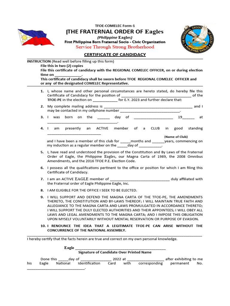 TFOE Certificate of Candidacy Form | PDF | Political Charters | Common Law