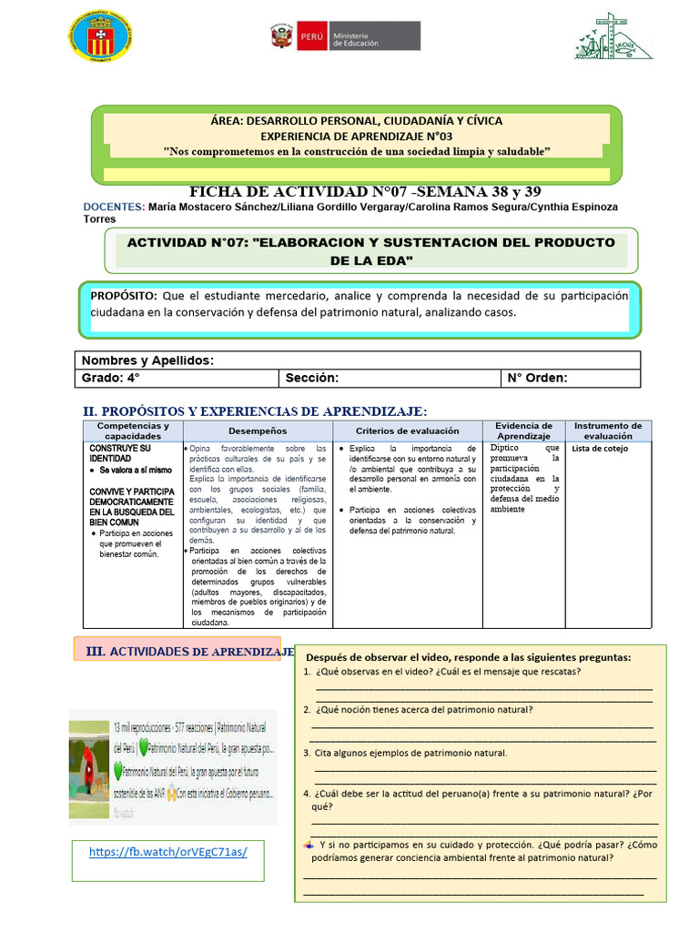 SEMANA 38-39 -4°GRADO- FICHA DE APRENDIZAJE N°07-DPCC-IM | PDF | Entorno natural | Democracia