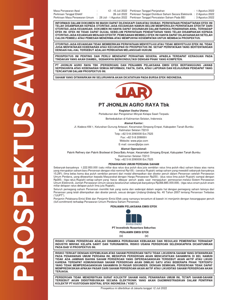 Prospektus Awal PT Jhonlin Agro Raya TBK (JARR) | PDF