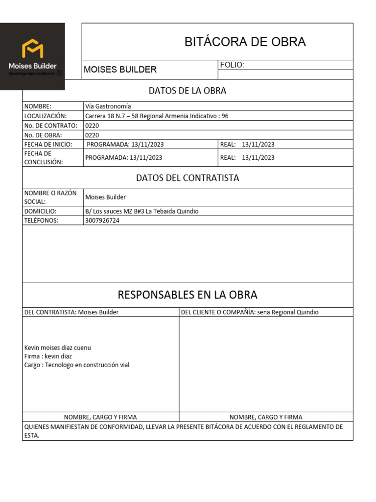 FORMATO-DE-BITÁCORA-DE-OBRA (Moises) | PDF