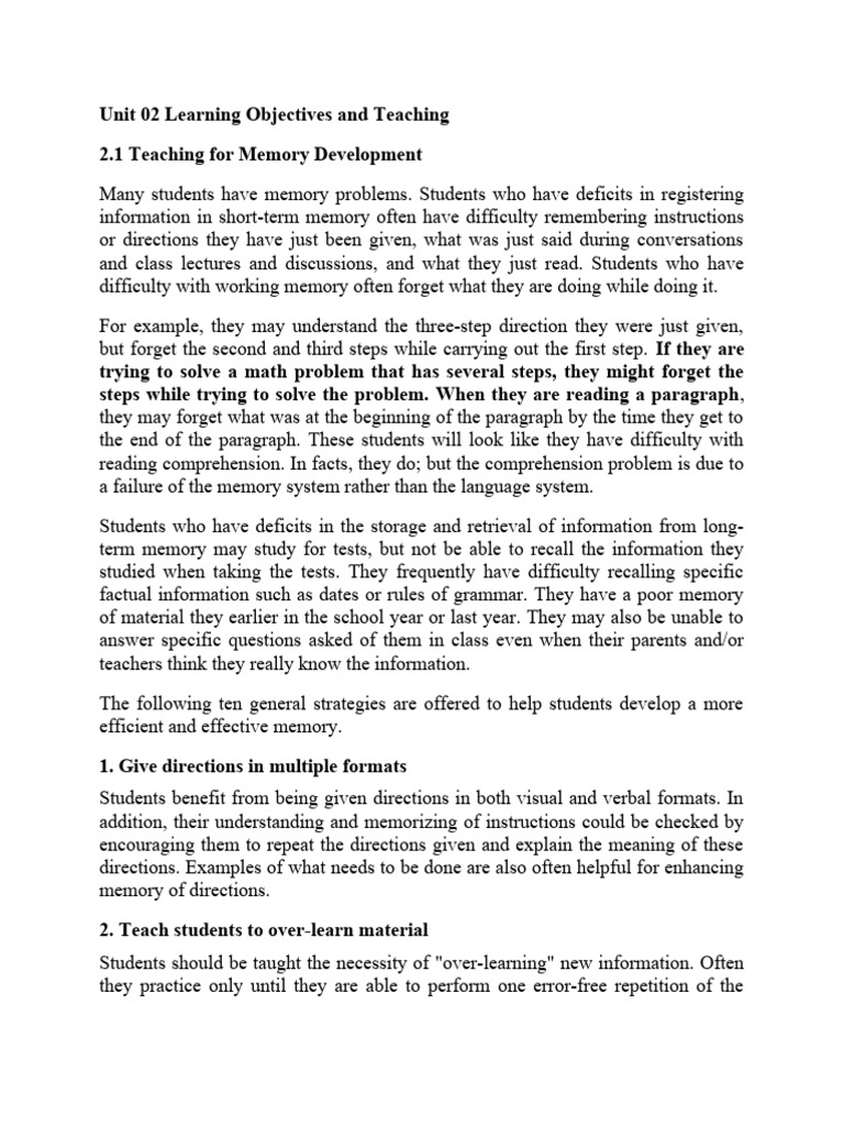 Unit 02 Learning Objectives and Teaching | PDF | Memory | Recall (Memory)