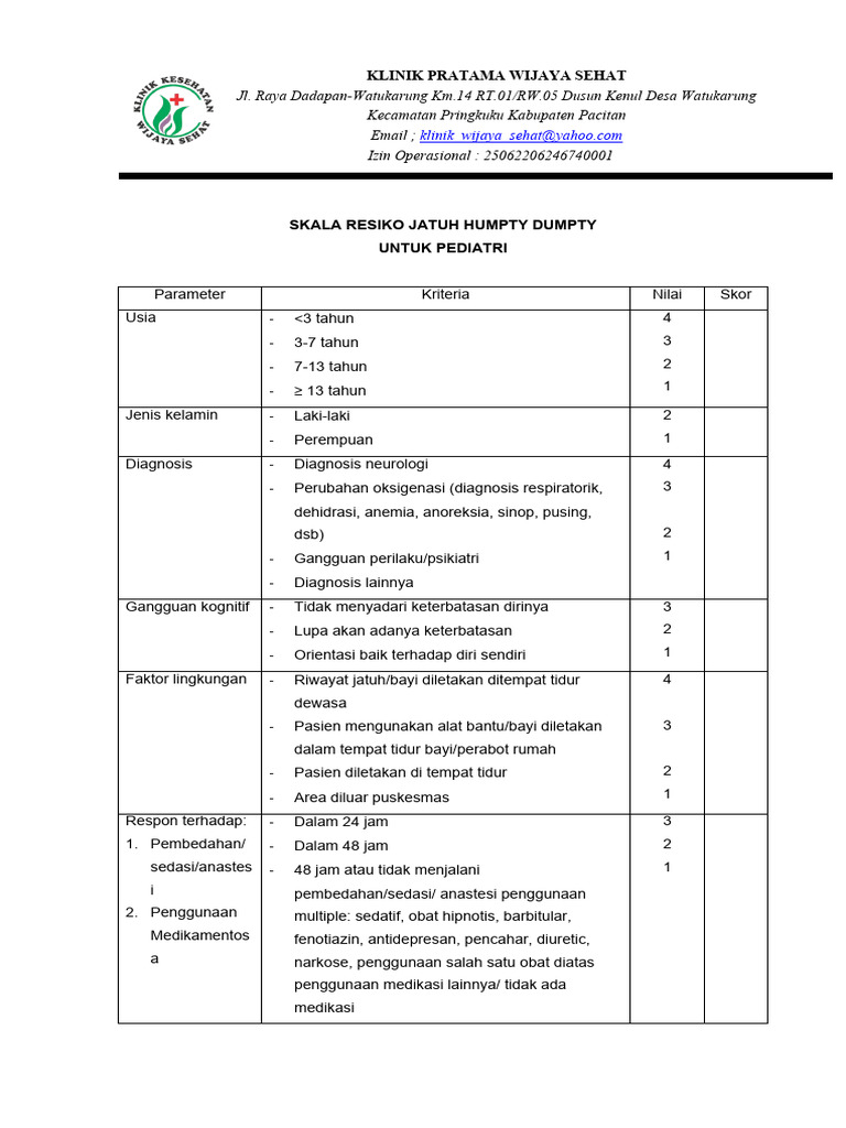 Skala Resiko Jatuh Humpty Dumpty | PDF