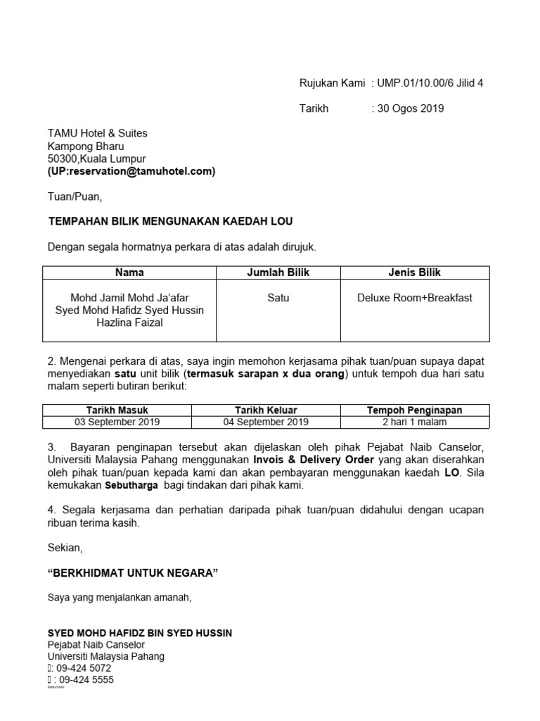 Surat LOU Hotel Tamu 2 | PDF