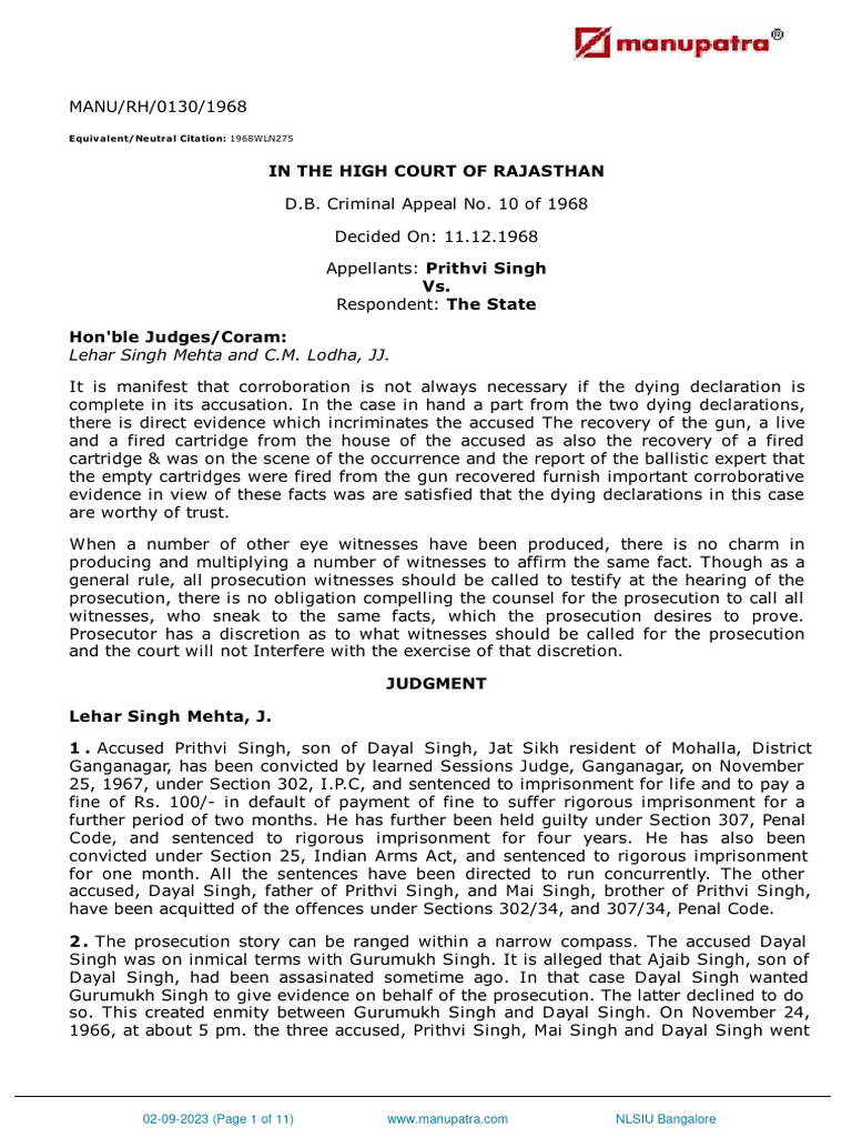 Prithvi Singh Vs The State 11121968 RAJHCR680128COM844194 | PDF ...