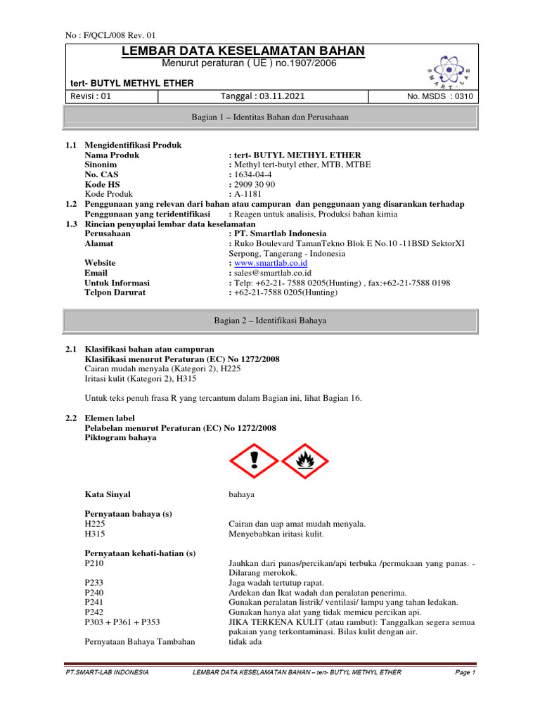 Msds Tert - Butyl Methyl Ether (Indo) | PDF | Sains & Matematika