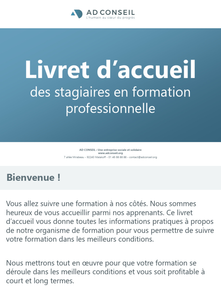 Livret Daccueil Du Stagiaire | PDF | Pédagogie | Sécurité