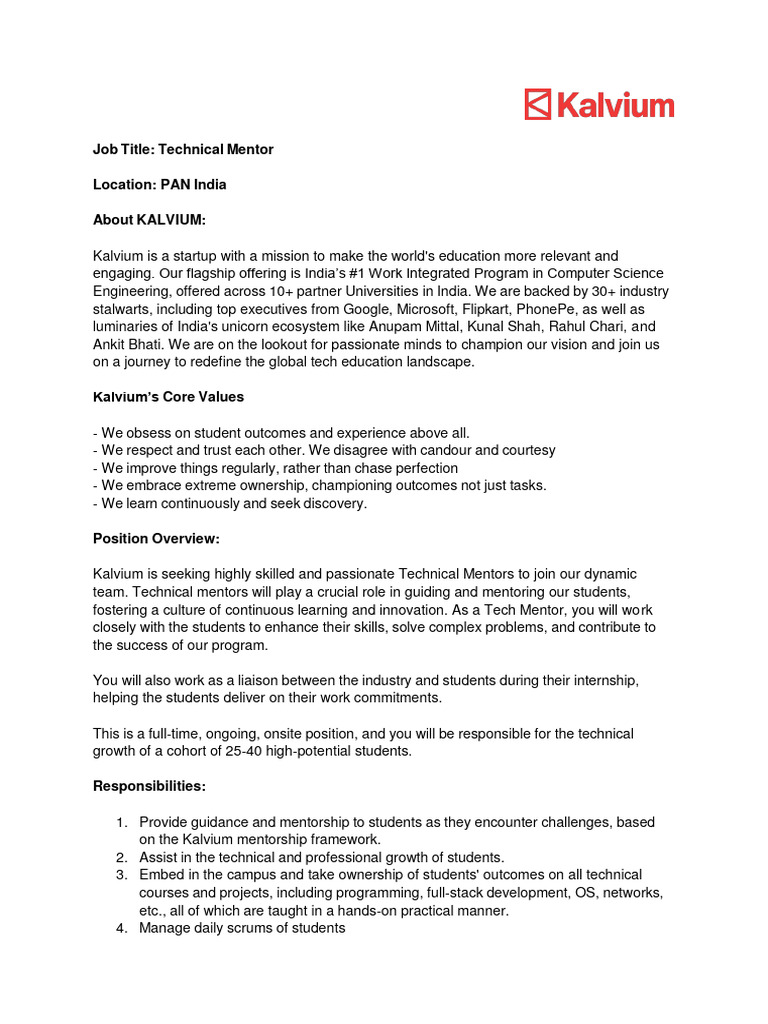 JD - Technical Mentor | PDF | Mentorship | Computer Programming