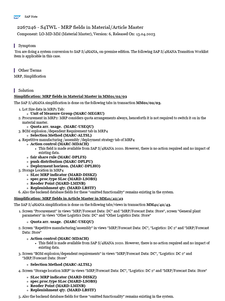E - 20230914 MRP Fields Simplification in S4 HANA | PDF | Data Management | Systems Science