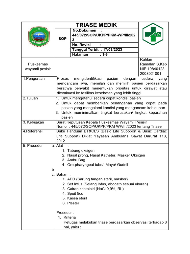 SOP Triase Medik di Puskesmas Wayamli | PDF | Sains & Matematika
