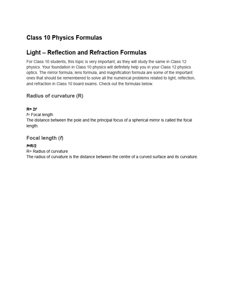 Class 10 Light Reflection & Refraction Formulas | PDF | Materials ...