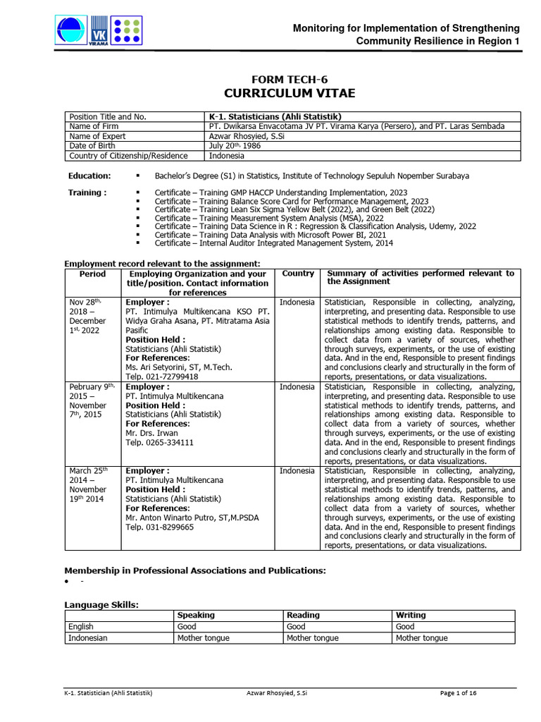 CV - Azwar Rhosyid Wil (REV-FIX) | Download Free PDF | Statistics | Data