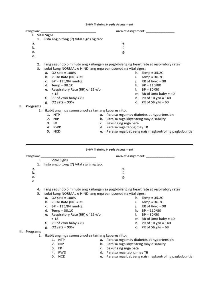BHW Training Needs Assessment | PDF