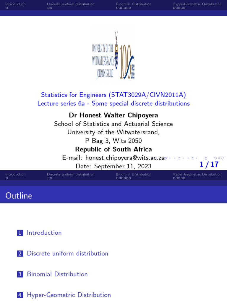 2023 CIVN2011A and STAT3029A Lecture 6A - Special Discrete Distributions | PDF | Probability ...