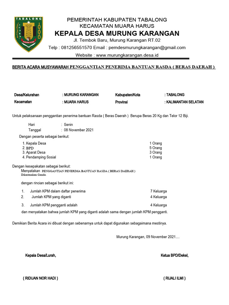 Berita Acara Musyawarah Penggantian Penerima Bantuan Rasda (Ka Iri) | PDF