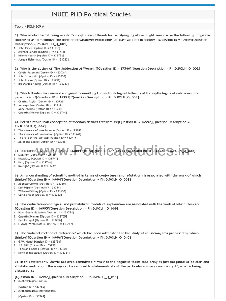 (JNU PHD PYQ) Political Studies 2019 | PDF | Politics | History