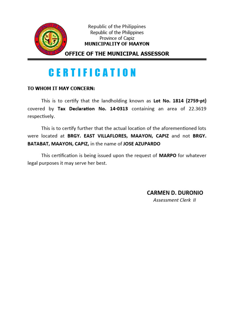 Certi. of Actual Location (Marpo) | PDF