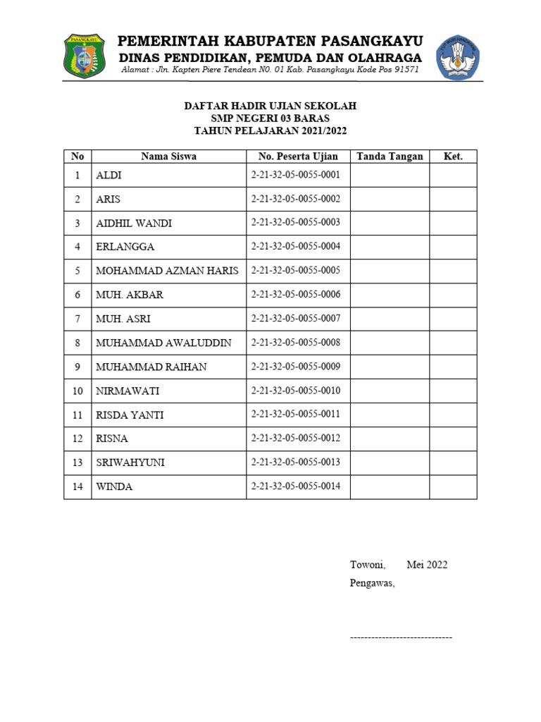 Daftar Hadir Ujian Sekolah | PDF