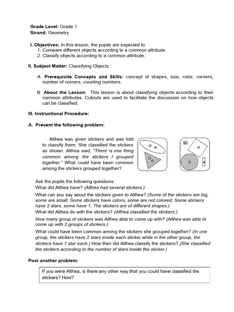 Lesson Plan Classifying Objects | PDF | Behavior Modification | Cognitive Psychology