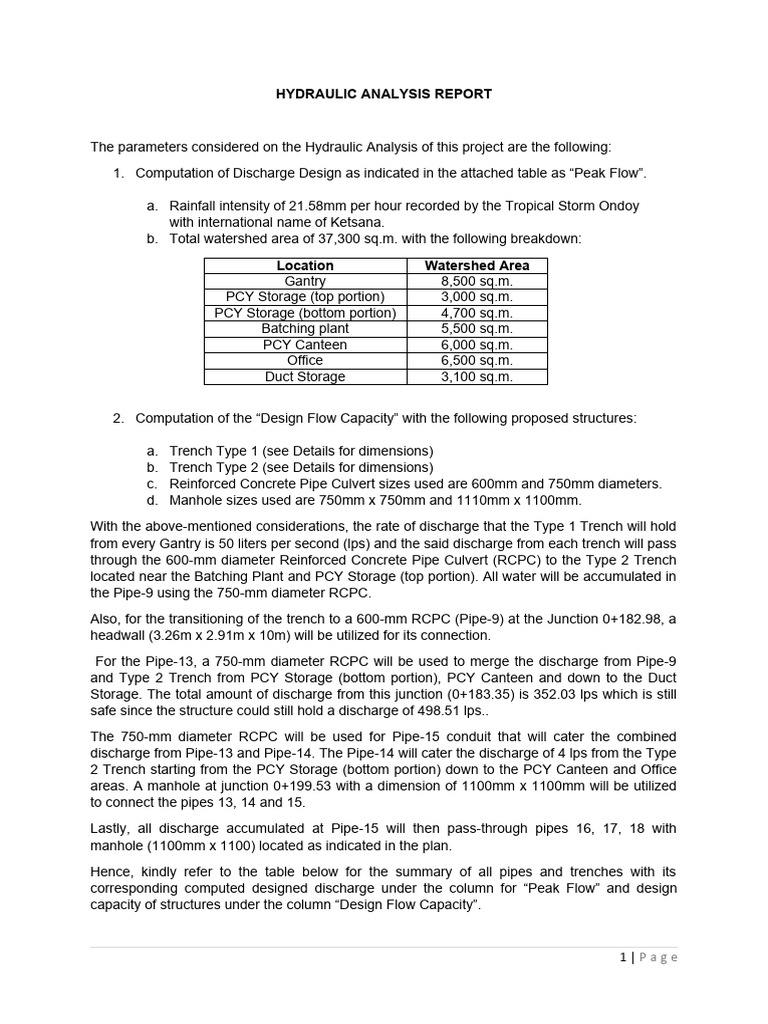 Hydraulic Analysis Report | PDF | Discharge (Hydrology) | Environmental Engineering