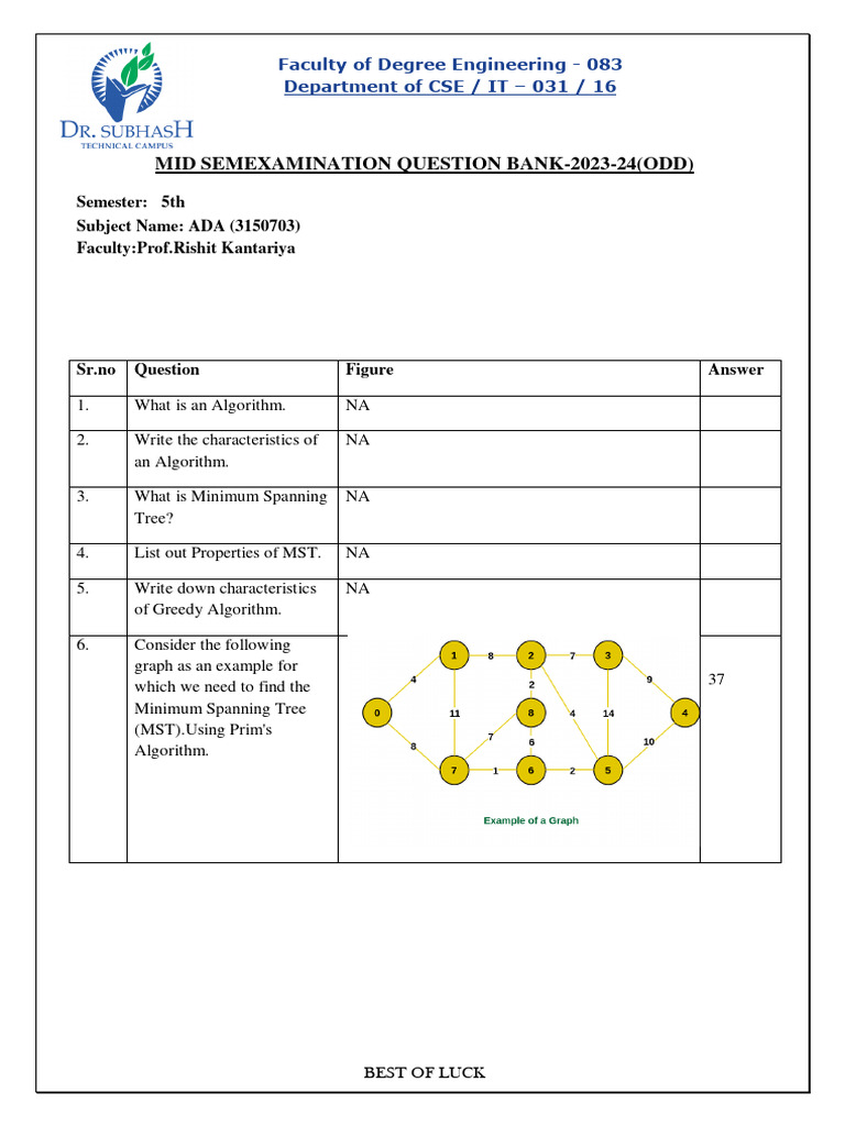 ADA MIDSEM Question Bank | PDF ADA MIDSEM Question Bank | PDF