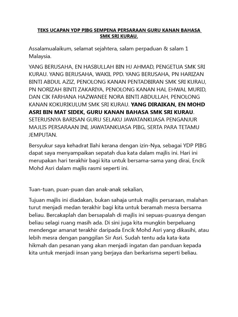 Teks Ucapan Ydp Pibg Sempena Persaraan Guru Kanan Bahasa | PDF