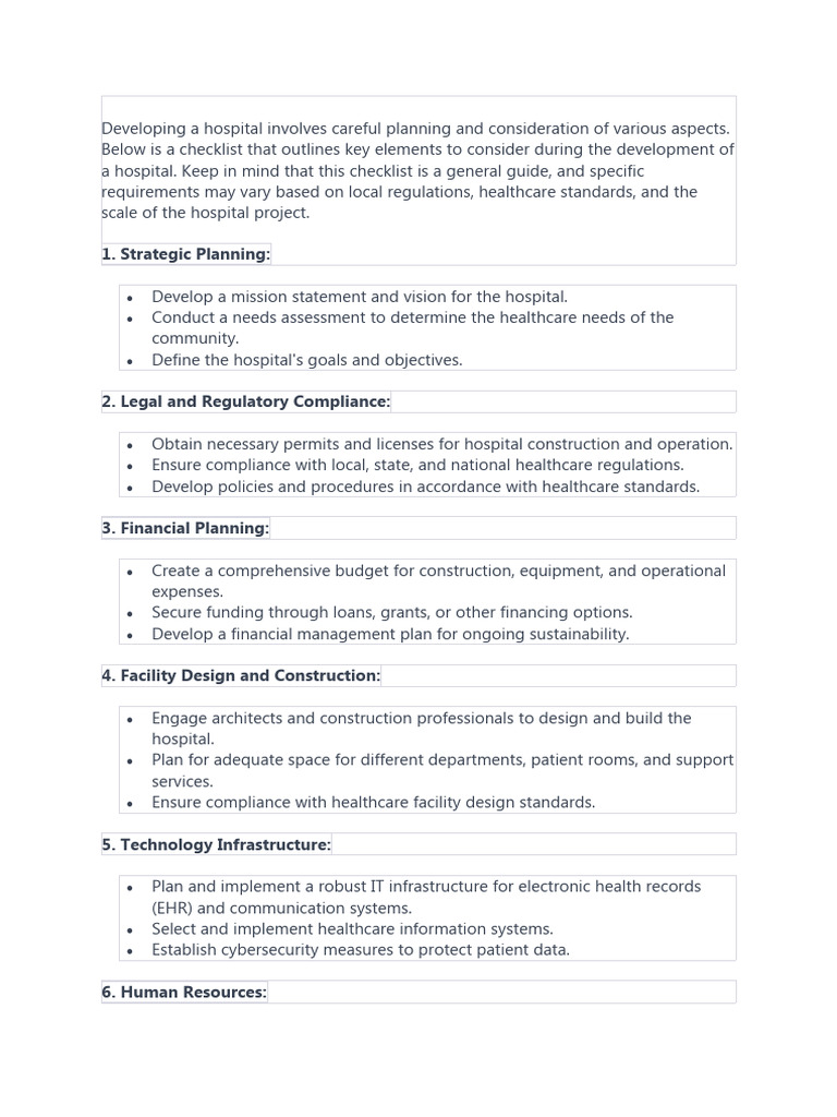 Hospital Development Checklist Guide | PDF | Health Care | Electronic ...
