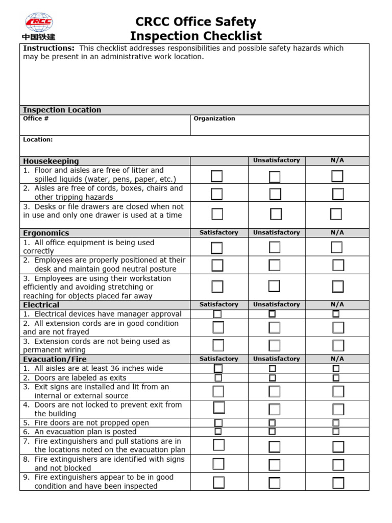 CRCC Office-Safety-Inspection-Checklist | PDF | Aisle | Equipment