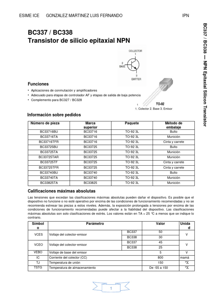 Pinout BC337 y BC338 NPN Transistor | PDF | Transistor de unión bipolar ...