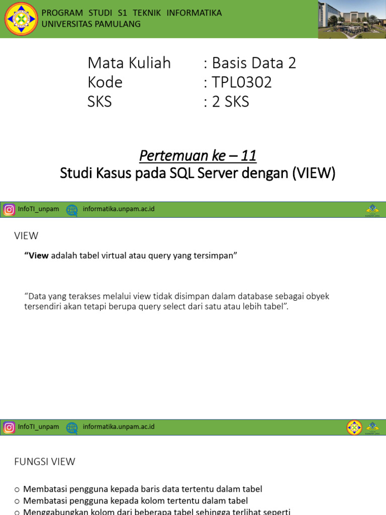 Basis Data 2 - Pertemuan Ke-11 (VIEW) | PDF