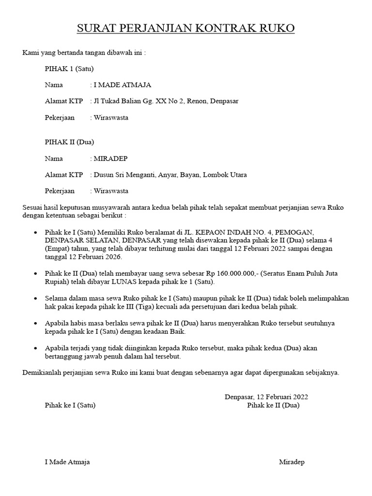 Surat Perjanjian Kontrak Ruko | PDF