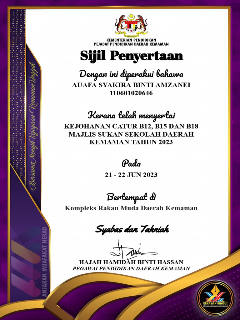 E-Sijil Penyertaan Catur - Auafa Syakira Binti Amzanei (Tba2011 ...
