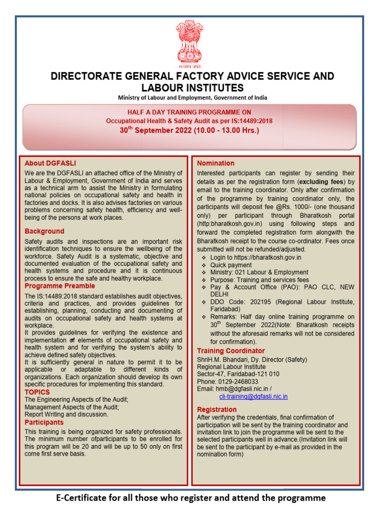 Half Day Training Programme On Occupational Health & Safety Audit As ...