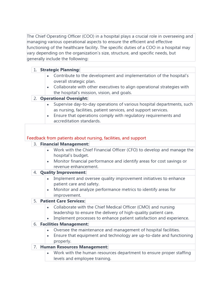 Hospital COO Responsibilities | PDF | Hospital | Health Care