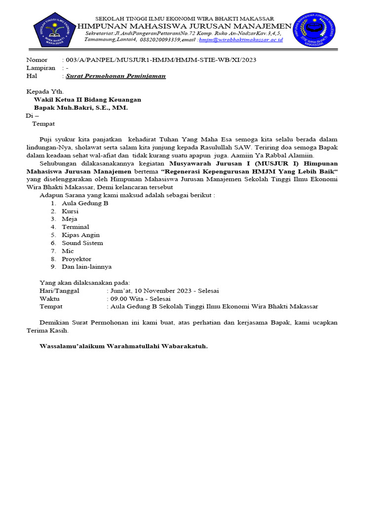 Surat Peminjaman Sarana Prasarana HMJM | PDF